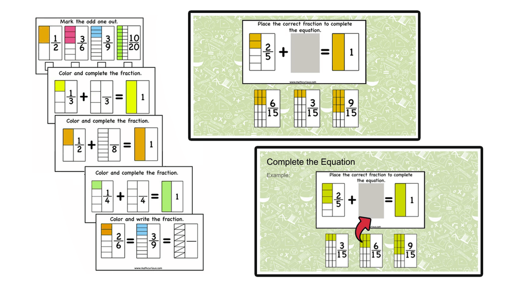 Fractions Activity Cards – equivalence, compare, complete one, addition ...